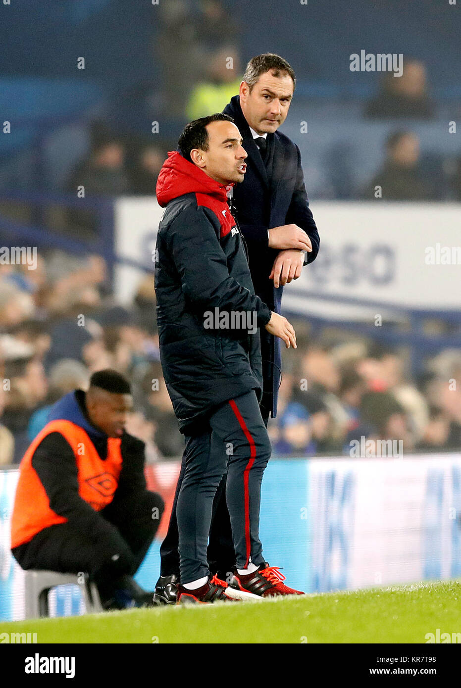 Swansea City manager Paul Clement (back) and player-coach Leon Britton ...