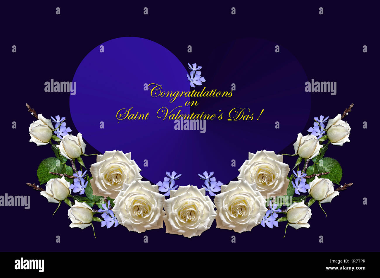 Garland of white roses with buds and purple periwinkle with blue hearts ...