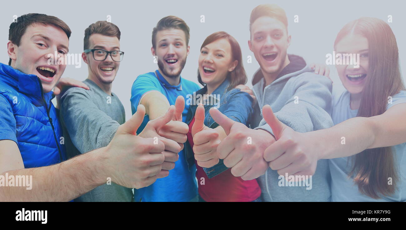 Happy joyful group of friends cheering isolated on white background ...