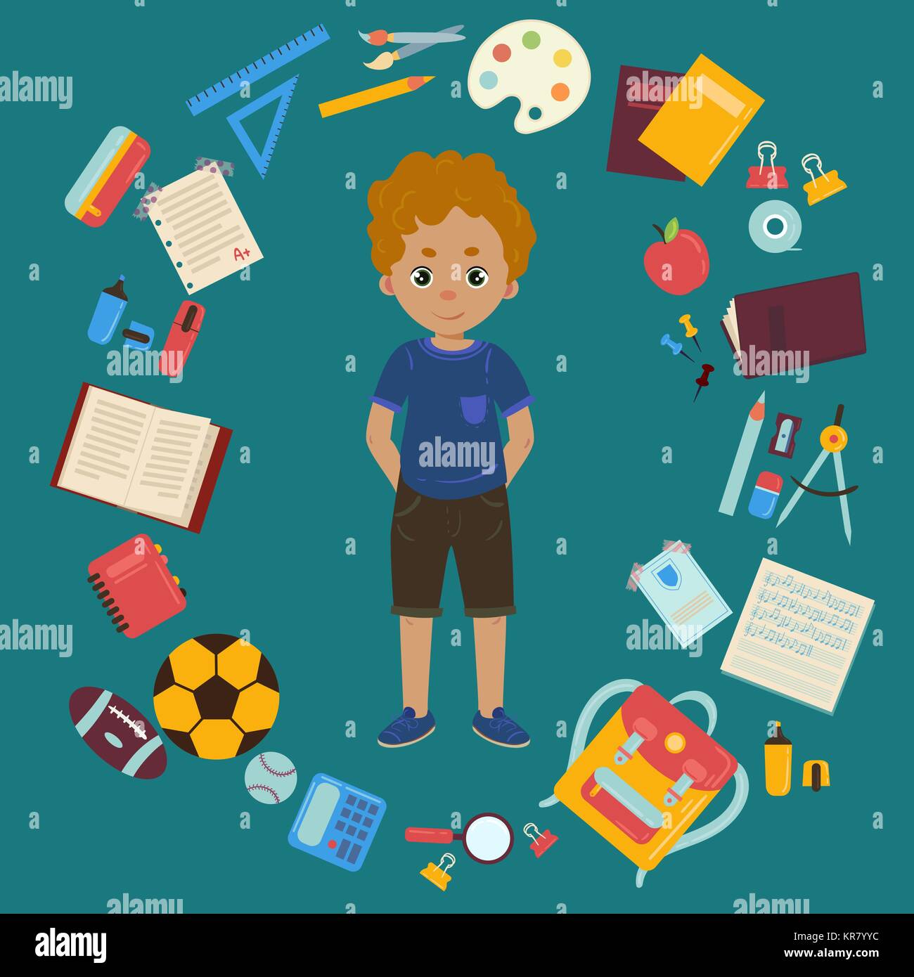 Boy and different objects for school illustration Stock Vector Image ...