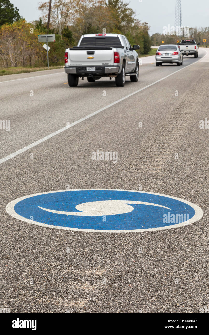 Guy, Texas - A hurricane symbol on state route 36 designates an ...