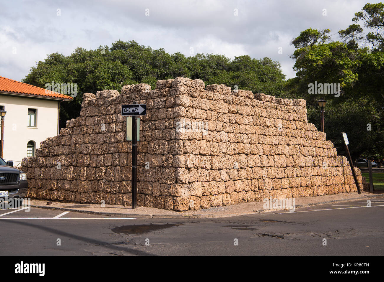 A small restored section of the historic fort in Lahaina, Maui, made of ...