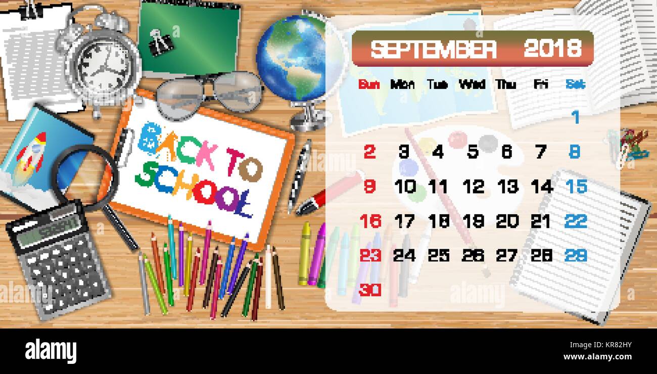 calendar of SEPTEMBER 2018 theme back to school Stock Vector Image ...