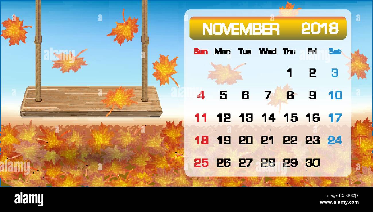calendar of NOVEMBER 2018 with Autumn leaf swing Stock Vector Image ...