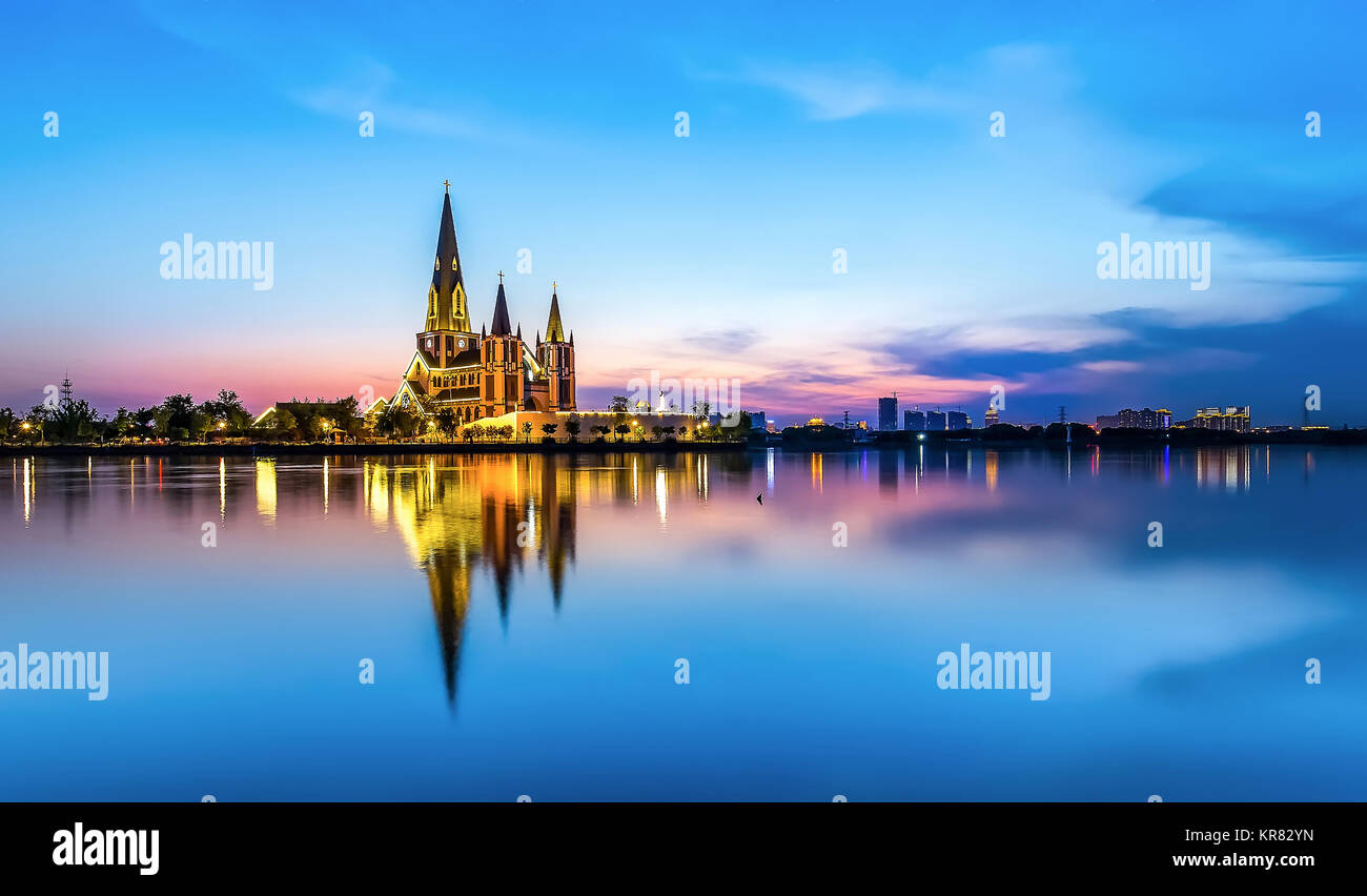 Night view of Yangcheng Lake church in Suzhou,Jiangsu Province,China ...