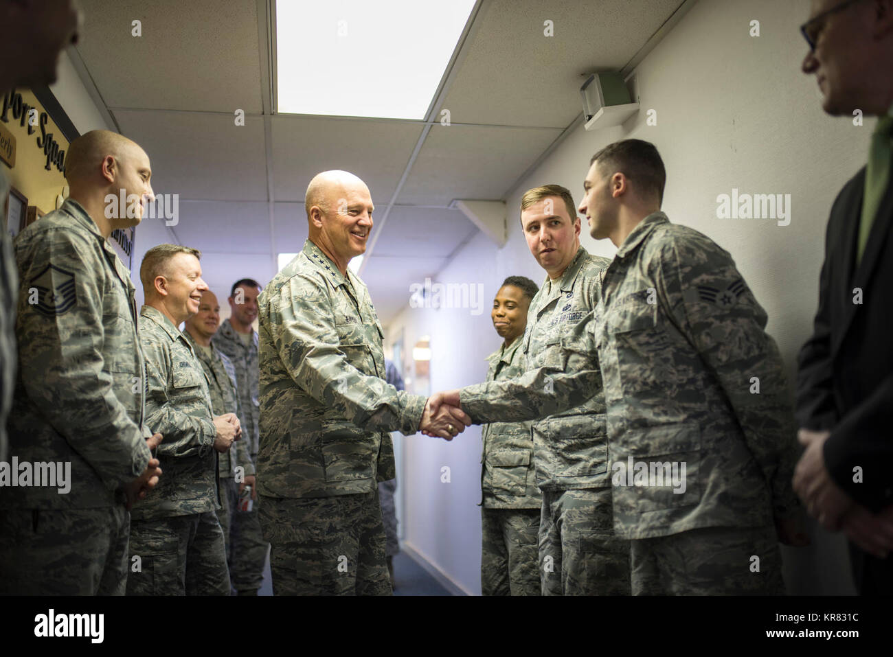 Gen. "Jay" Raymond, Air Force Space Command commander, shakes hands with Airmen during his visit ...