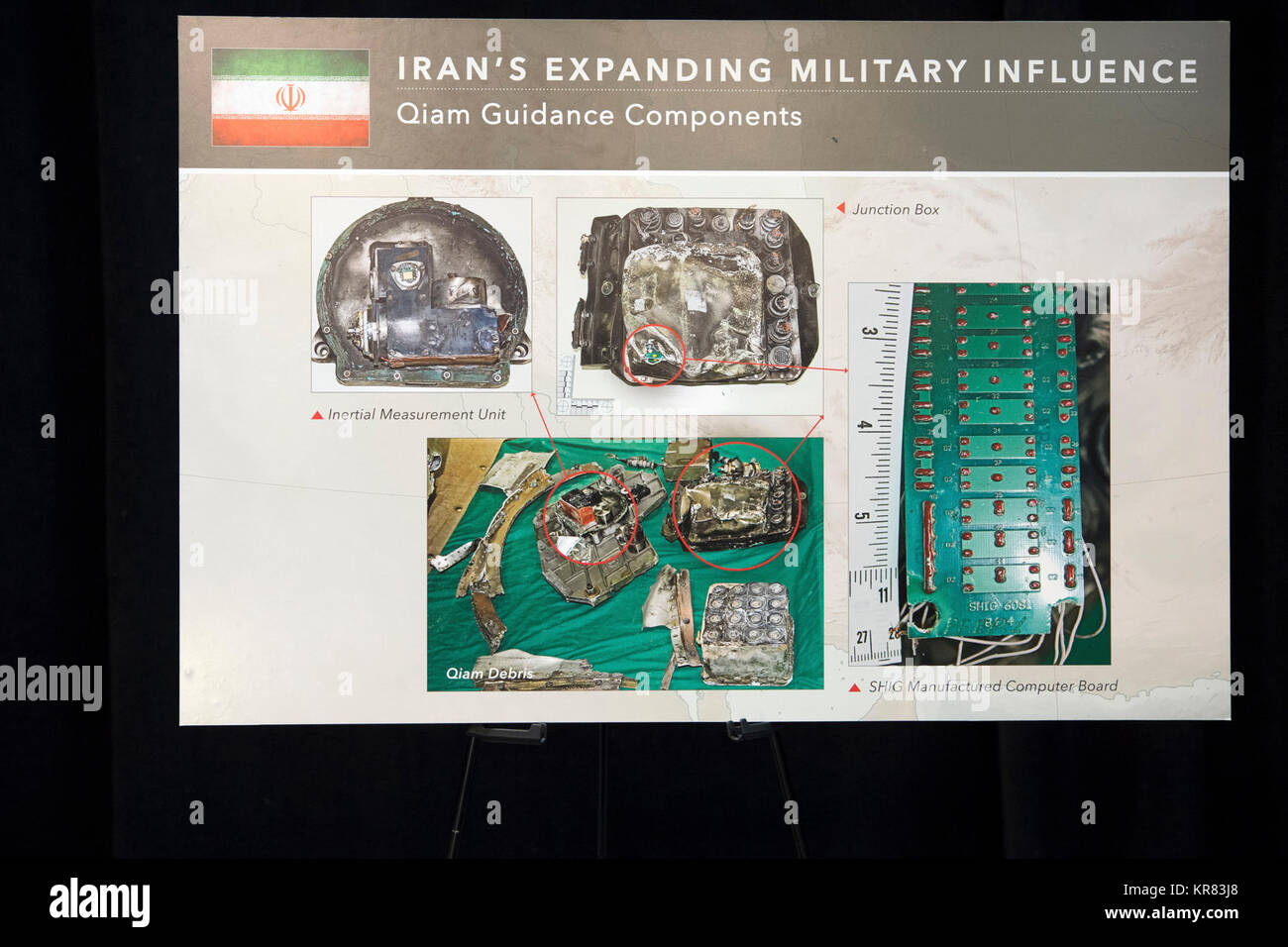 A sign provides details about Iranian Qiam-class missile guidance ...