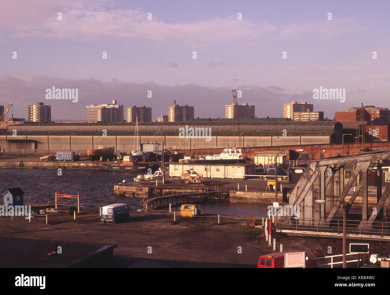 View over docks to flats on Anlaby Road, Hull, England, 1982 Stock ...