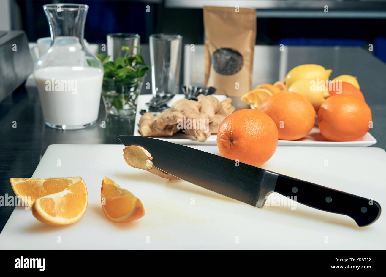 process of cooking the vitamin cocktail of citrus and ginger Stock ...