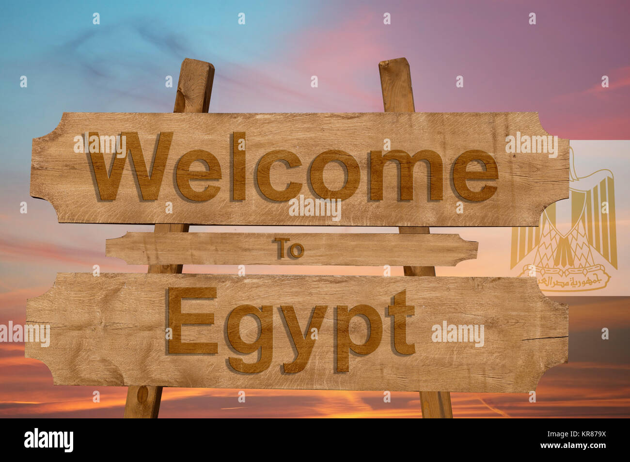welcome to egypt sing on wood background with blending national flag ...