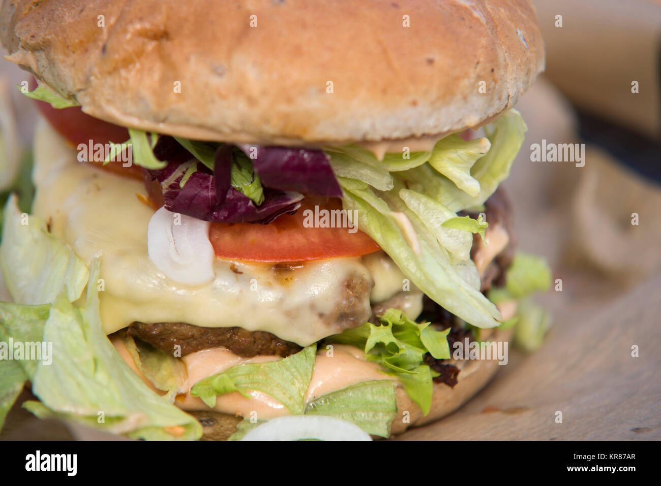 close on fast food unhealthy burger on paper Stock Photo - Alamy