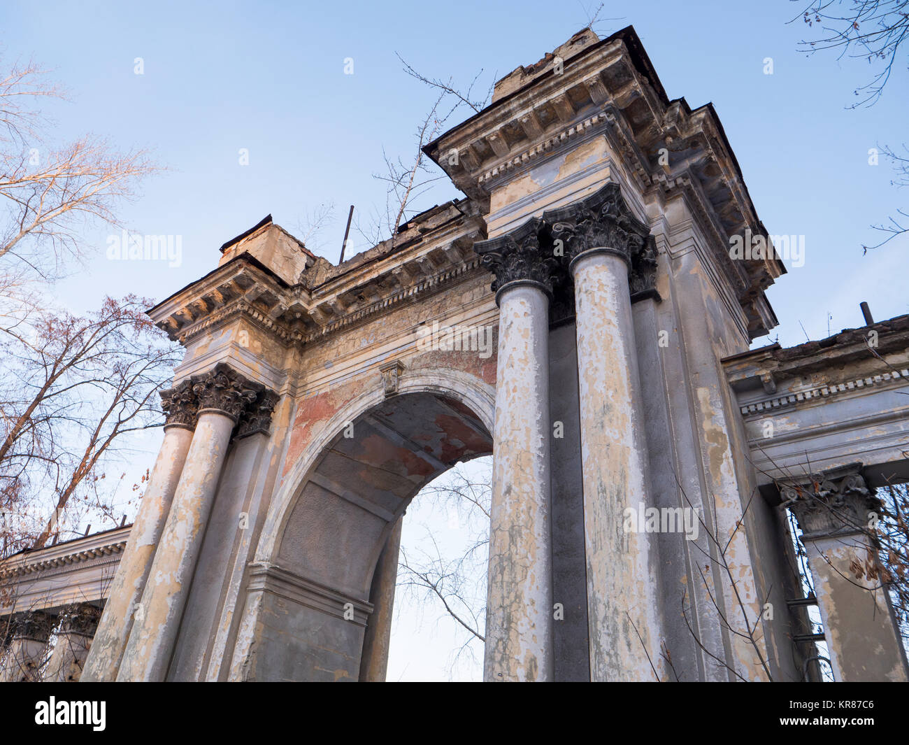 An old building of Soviet type, palace of culture in village. abandoned ...