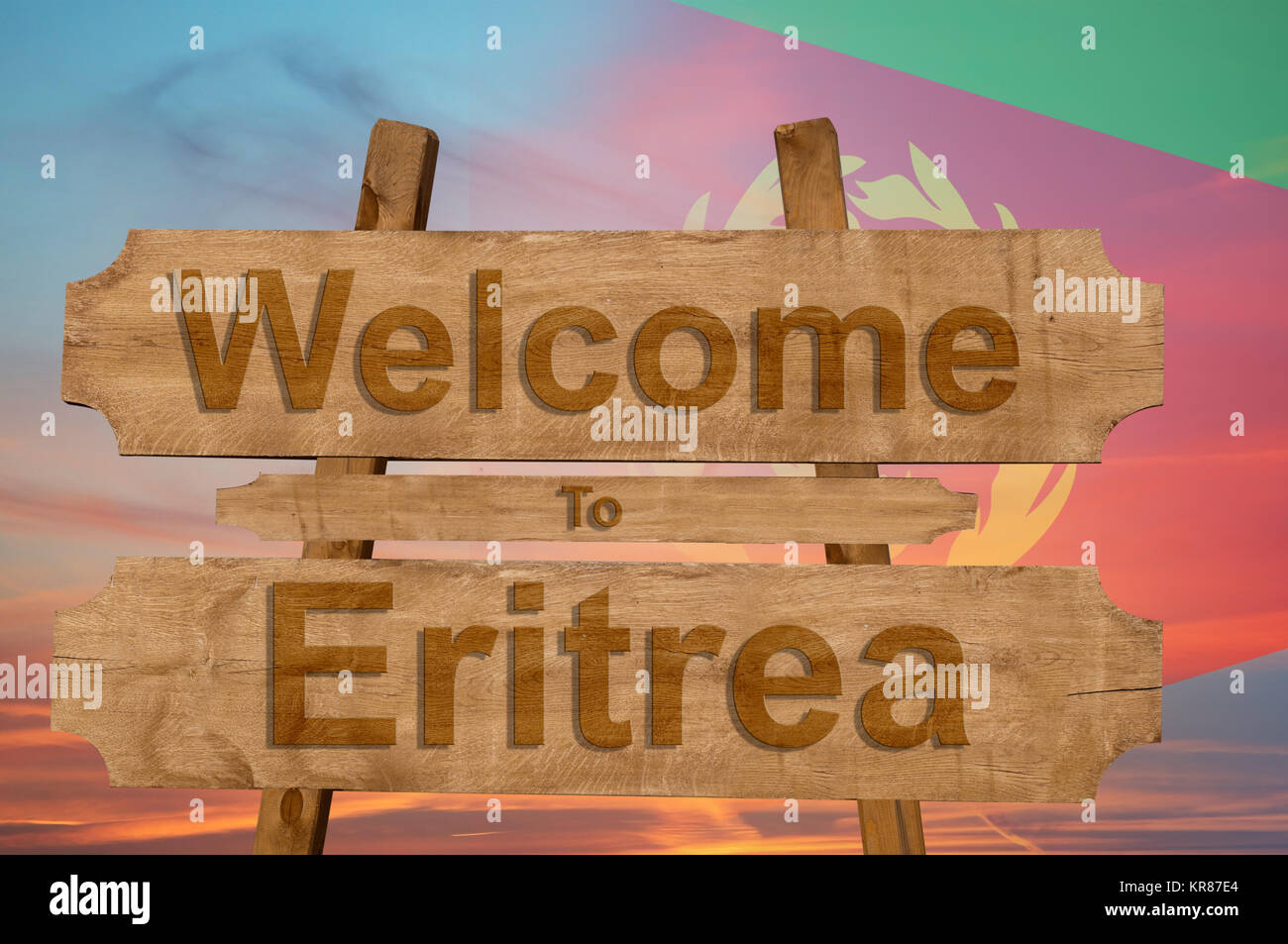 welcome to eritrea sing on wood background with blending national flag ...
