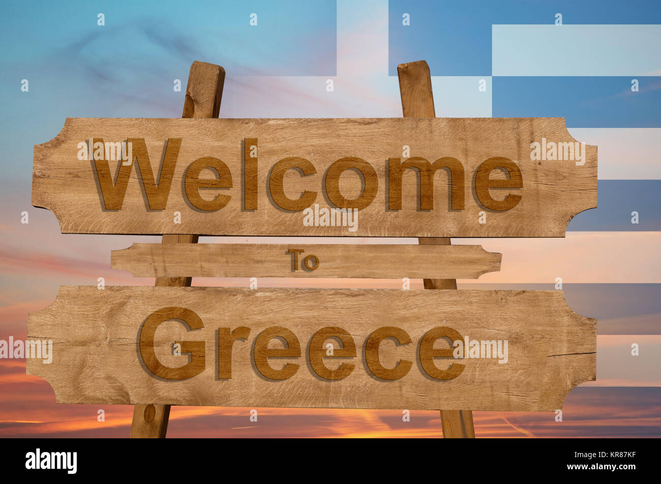 welcome to greece sing on wood background with blending national flag ...