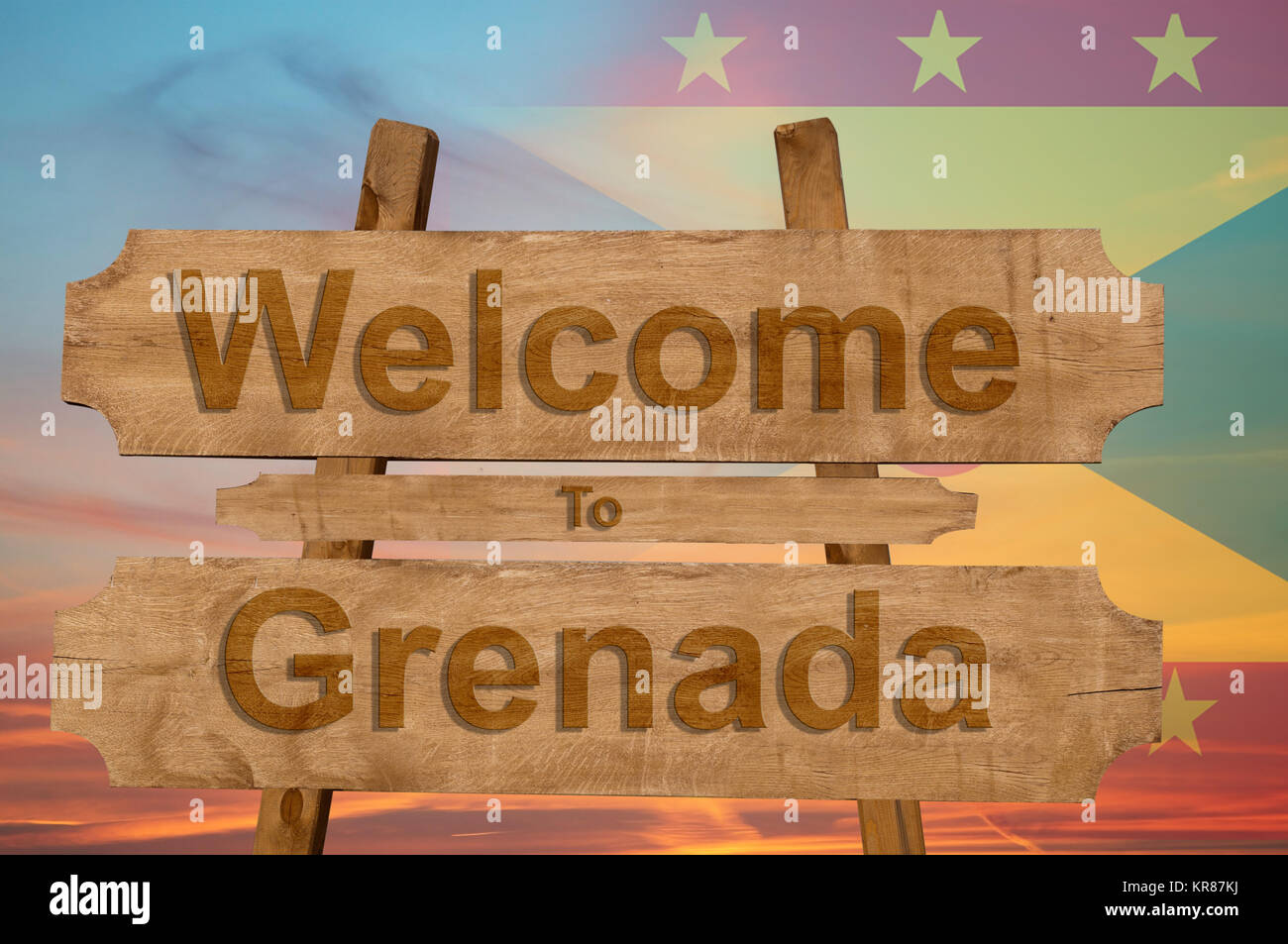 welcome to grenada sing on wood background with blending national flag ...