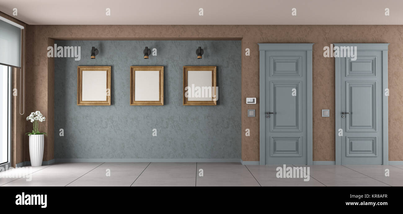 Empty living room with closed doors and frame on wall - 3d rendering ...