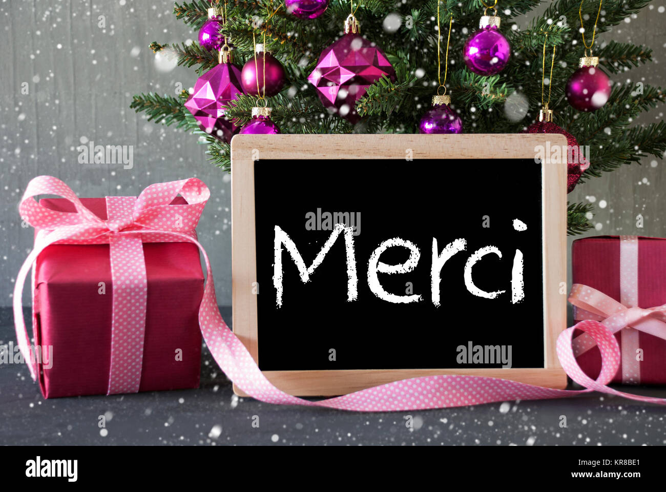 Chalkboard With French Text Merci Means Thank You. Christmas Tree With ...