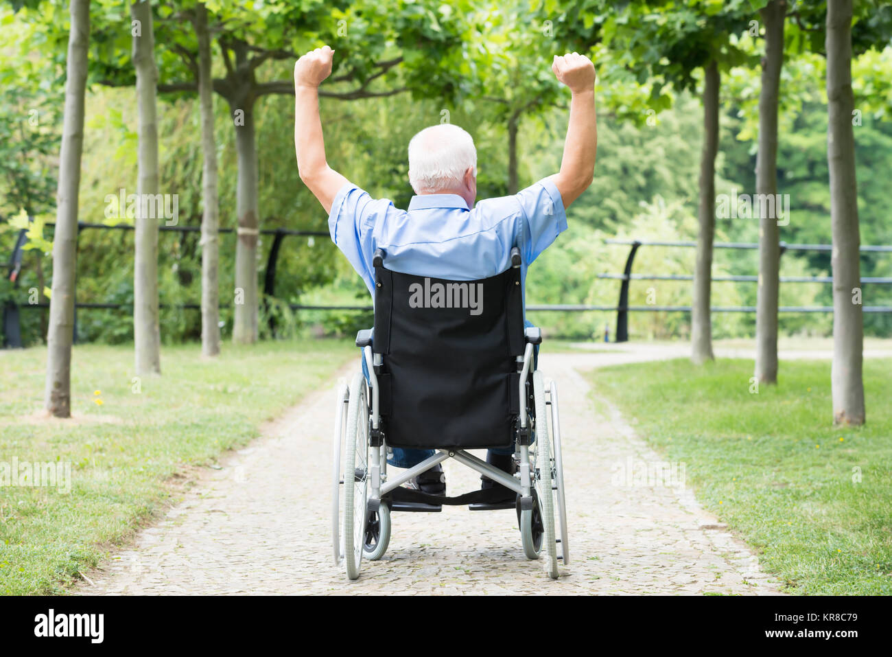 Senior Man On Wheelchair Raising His Arm Stock Photo - Alamy
