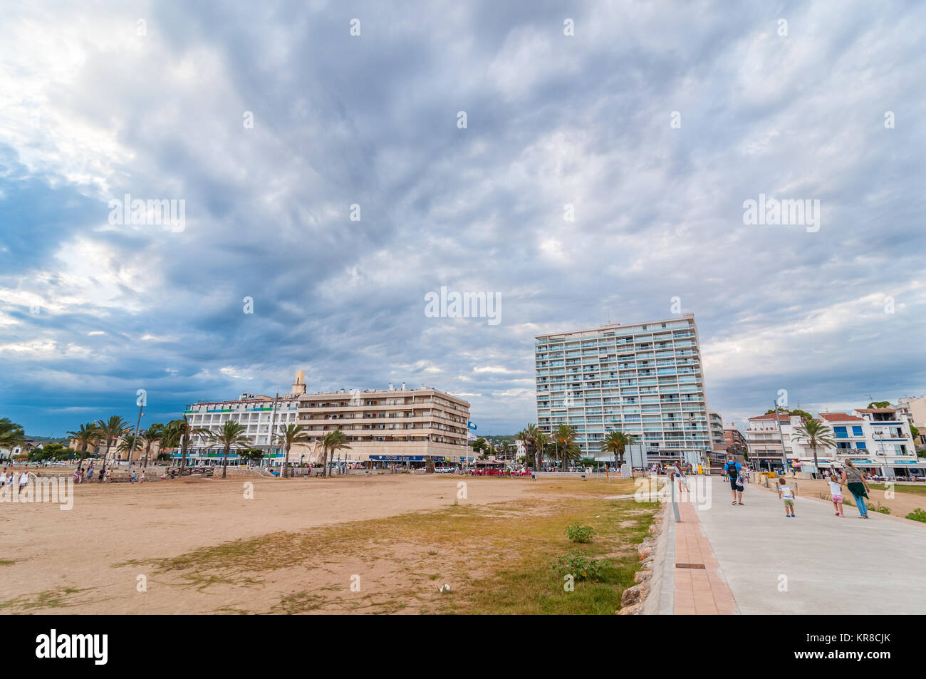 view of the touristic city of Coma-ruga from the beach, tarragona ...