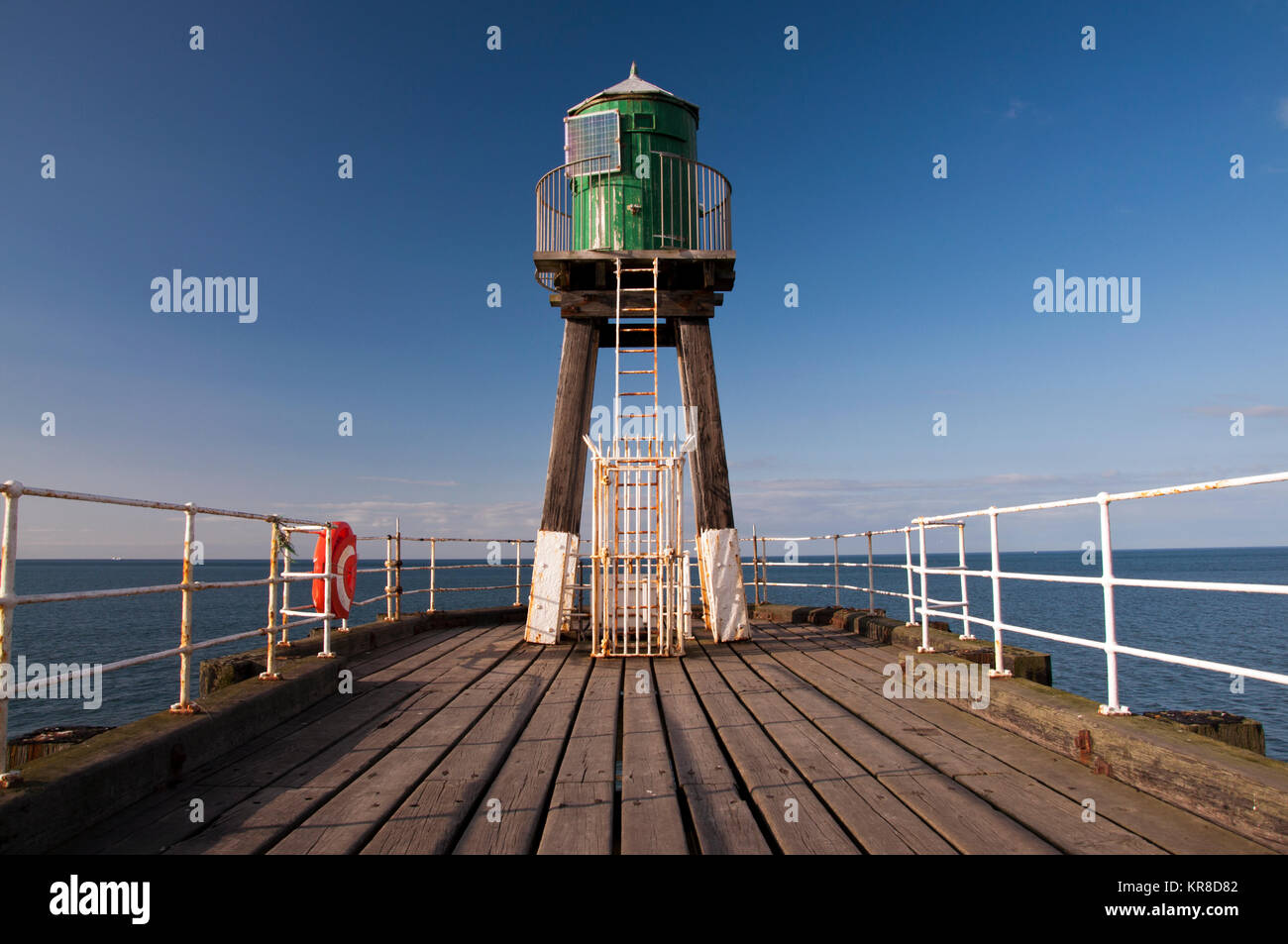 Light beacon watch tower on pier, Whitby, North Yorkshire Stock Photo ...