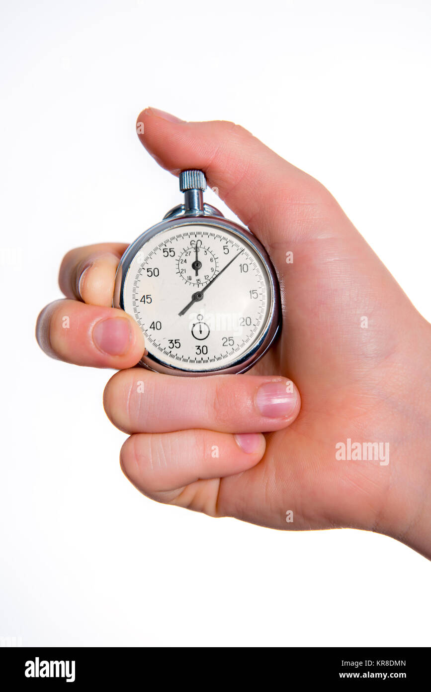hand with stopp watch in front of white background Stock Photo - Alamy