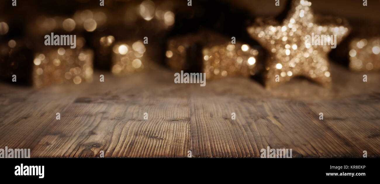 wooden table with christmas background Stock Photo - Alamy