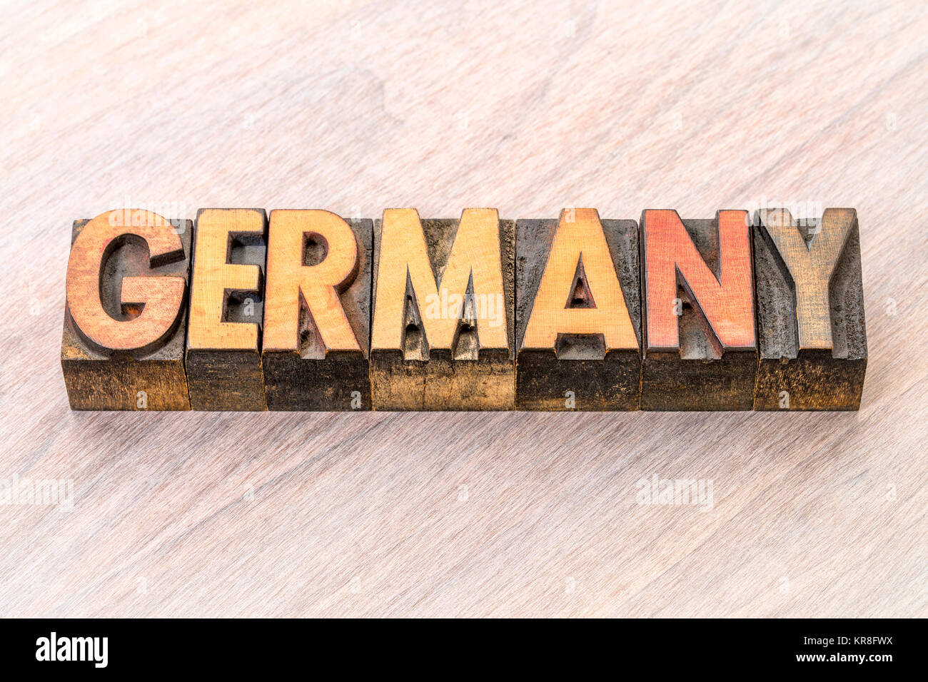 Germany word in vintage letterpress wood type against grained wood ...