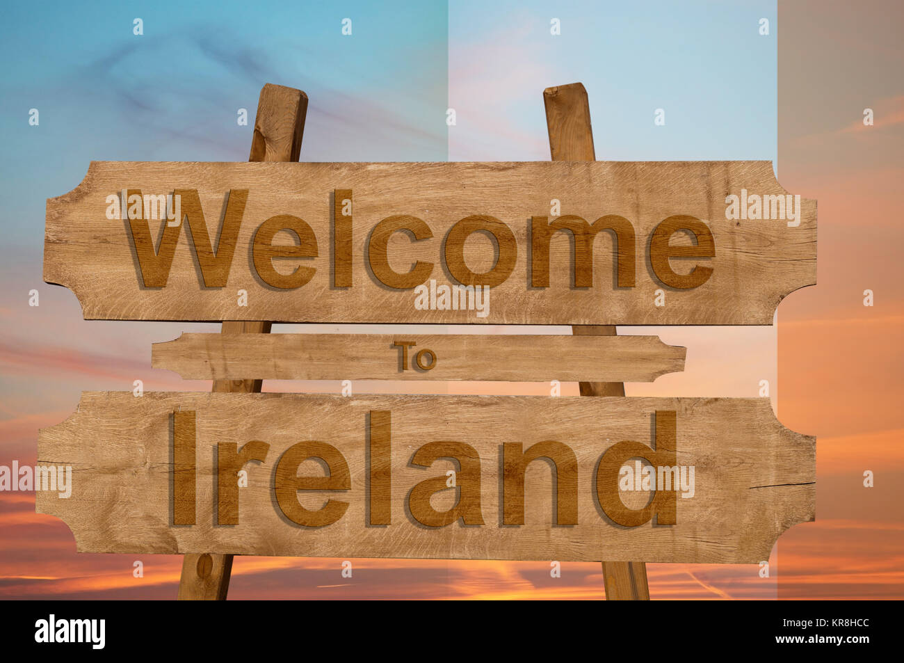 welcome to ireland sing on wood background with blending national flag ...