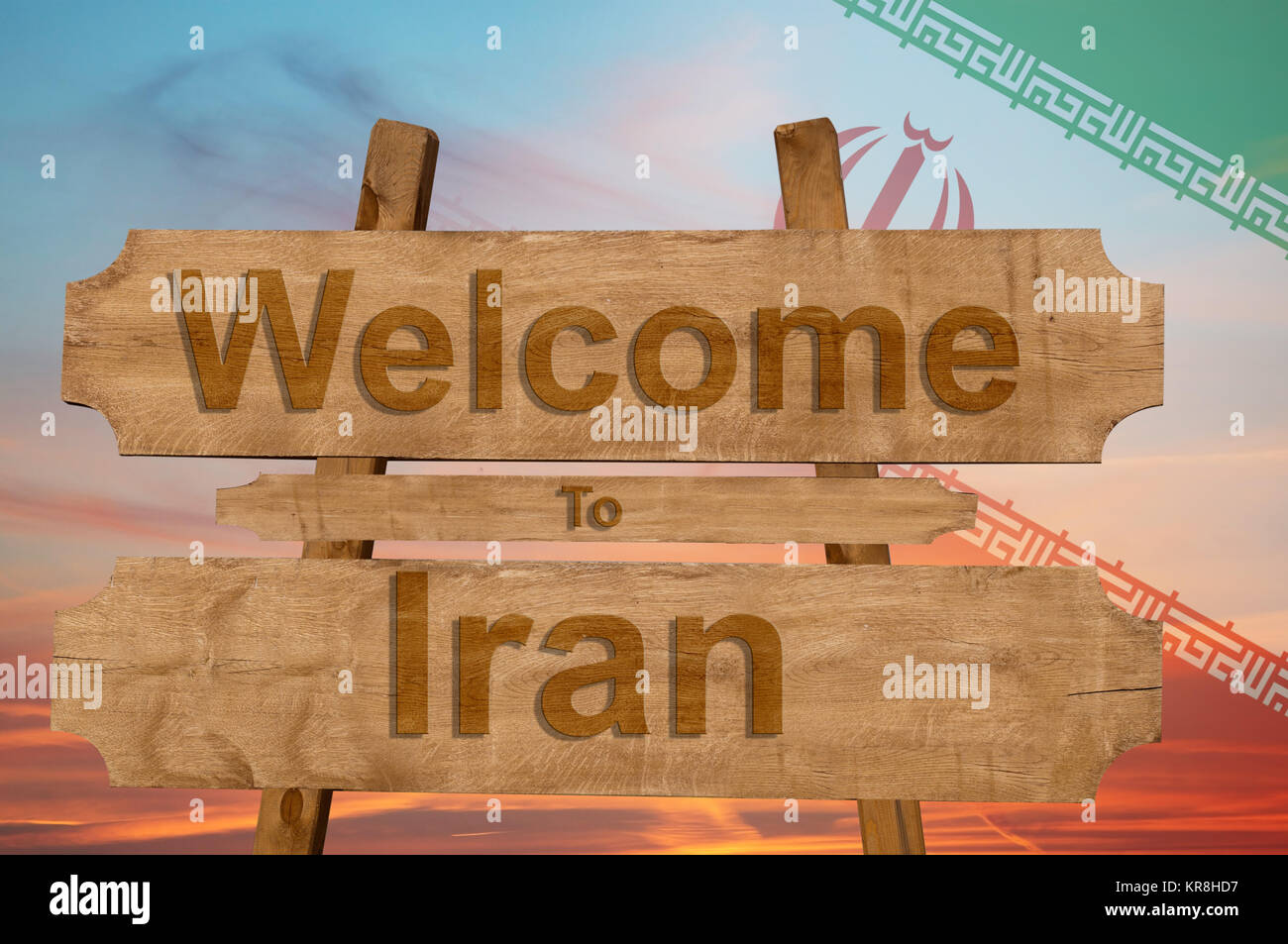 welcome to iran sing on wood background with blending national flag ...