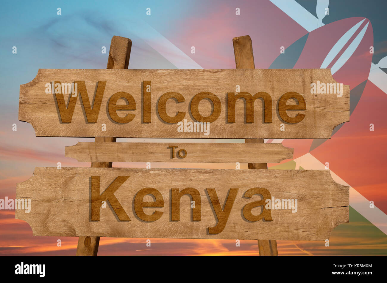welcome to kenya sign on wood background with blending national flag ...