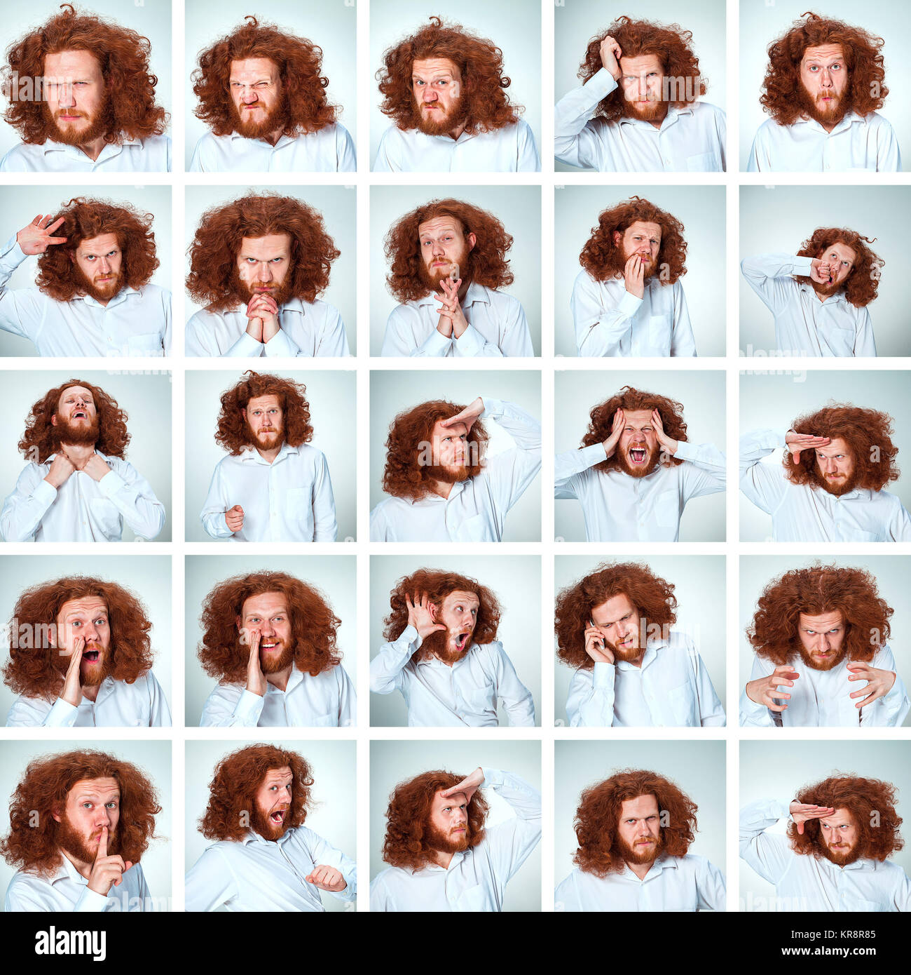 The young man funny face expressions composite on gray background Stock ...