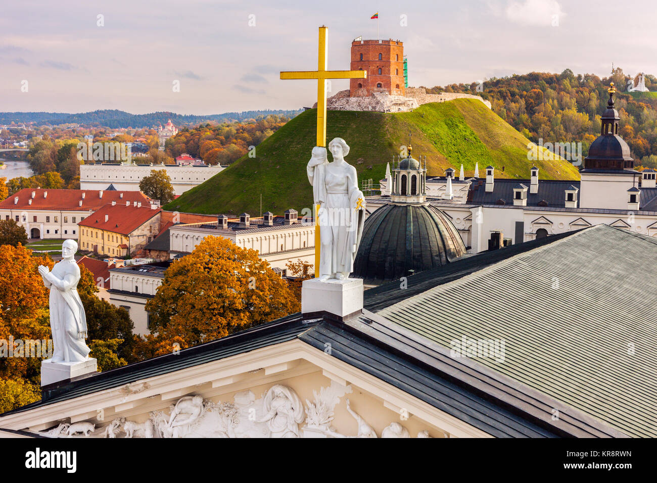 Lithuania, Vilnius, Vilnius cathedral roof with cityscape in background ...
