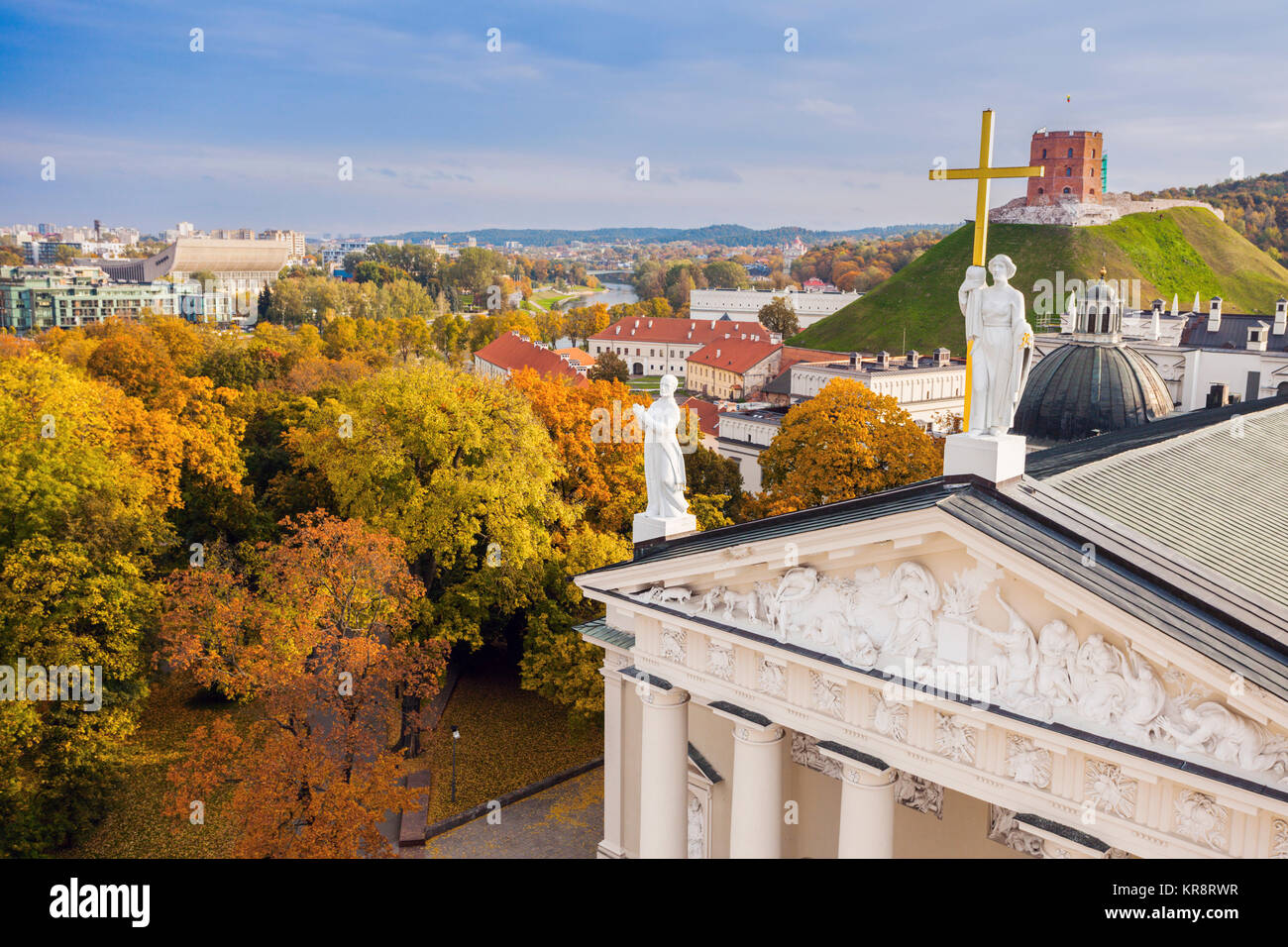 Lithuania, Vilnius, Vilnius cathedral roof with cityscape in background ...