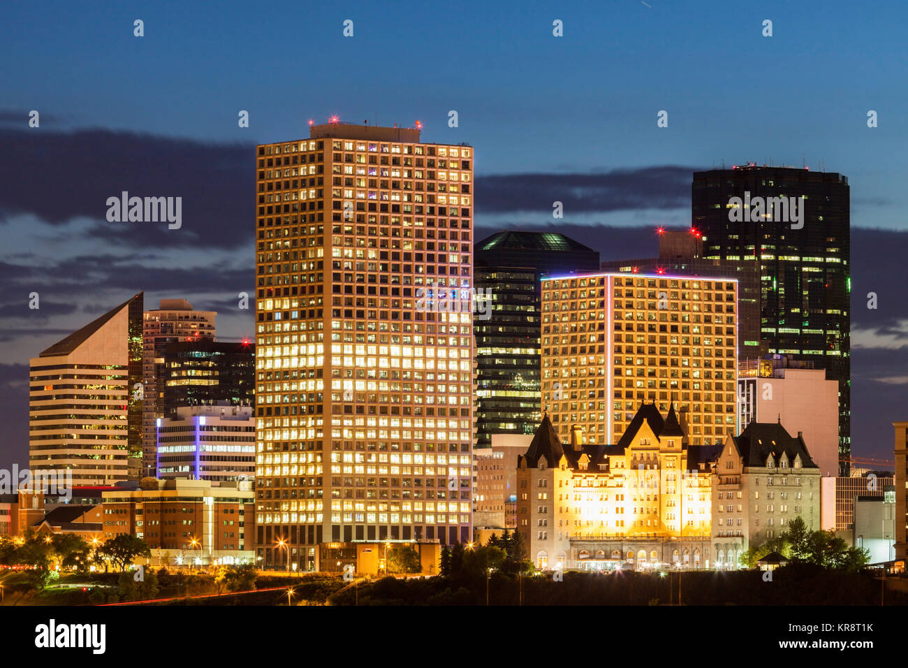 Canada, Alberta, Edmonton, Illuminated office buildings at dusk Stock ...