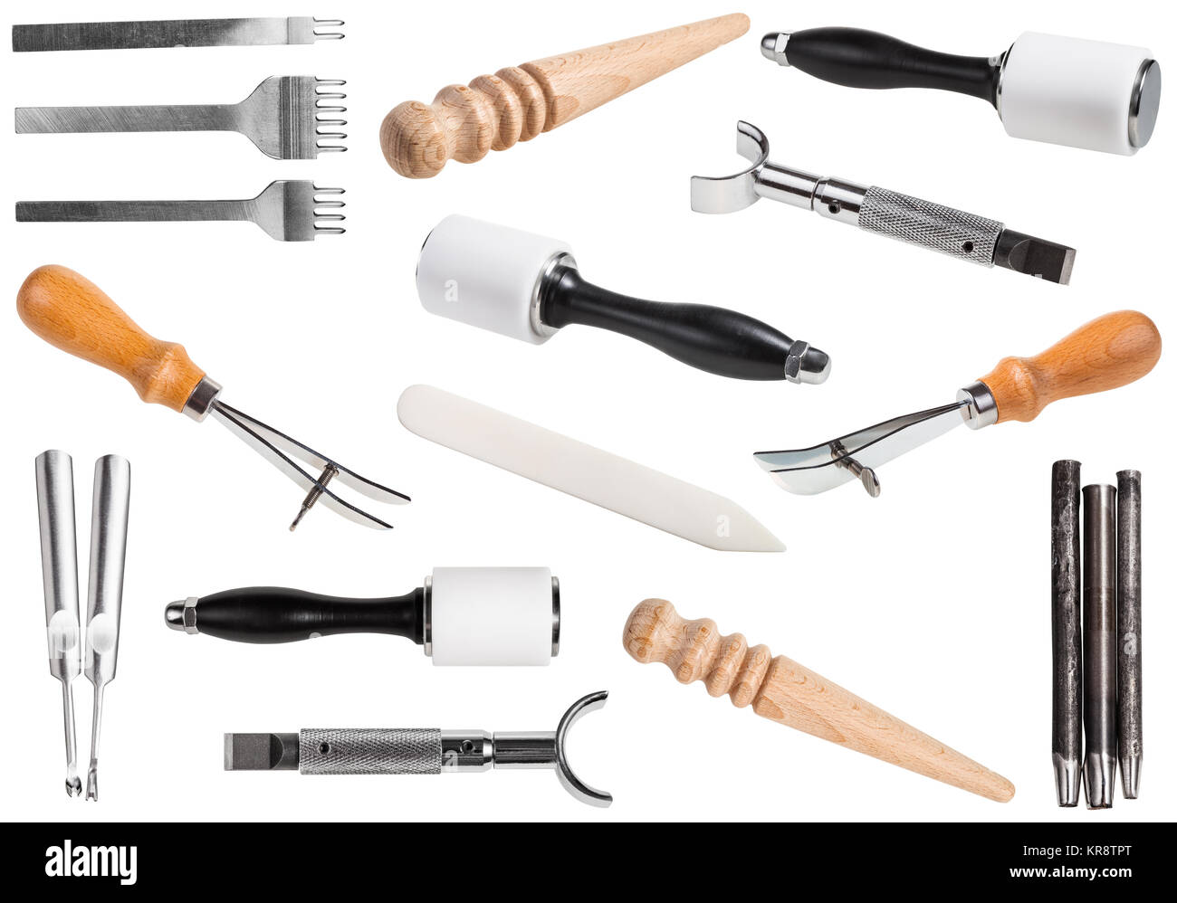 set of leathercraft tools isolated on white Stock Photo - Alamy