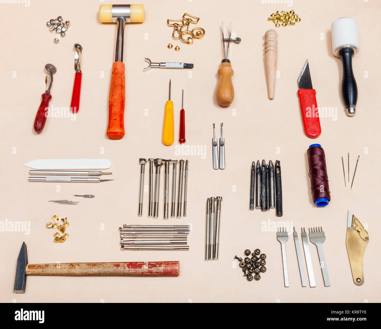 set of various leathercraft tools on leather Stock Photo - Alamy