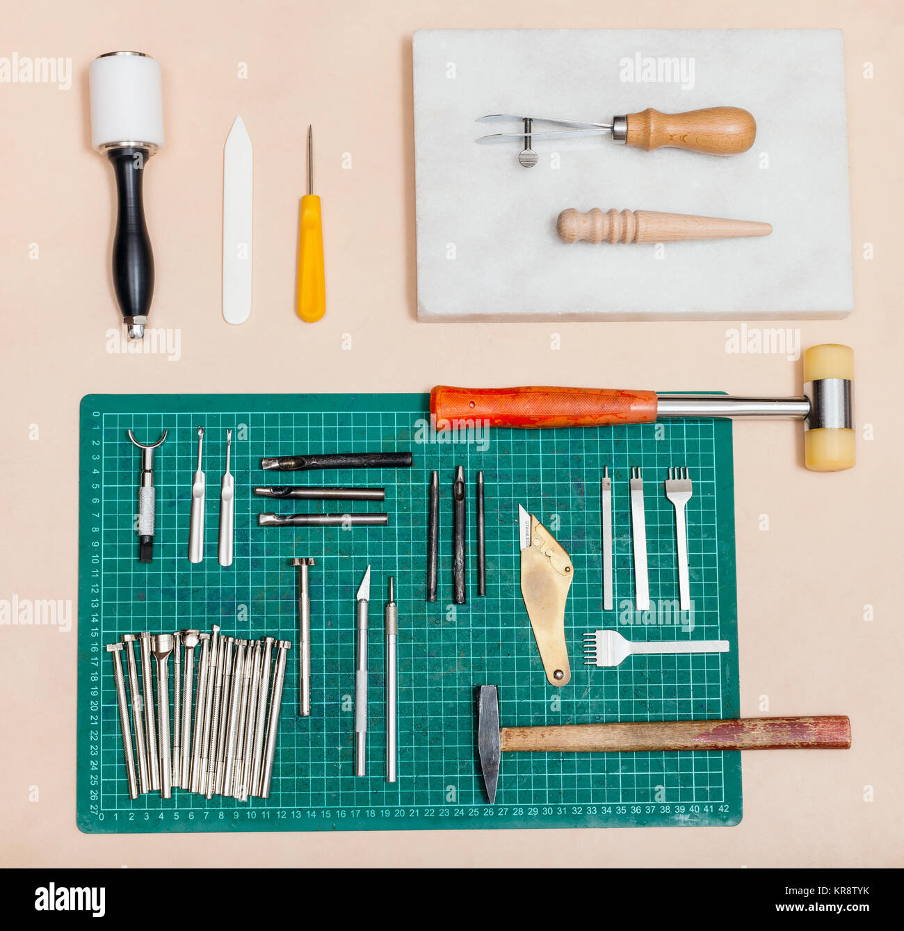 above view of various tools for leatherwork Stock Photo - Alamy