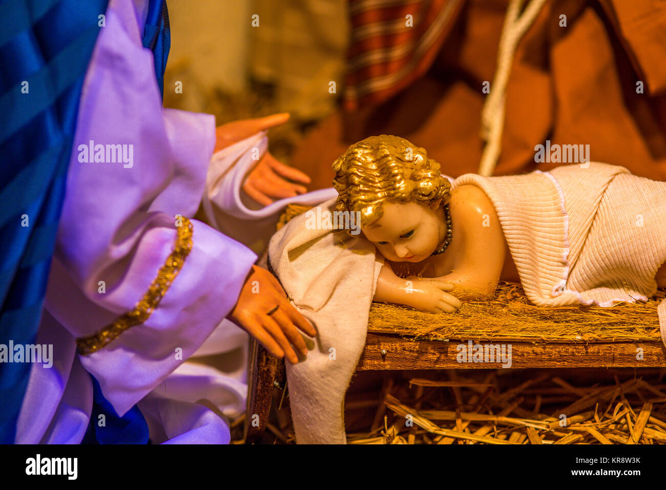 Christmas Nativity scene with The Holy Child, The Blessed Virgin Mary ...