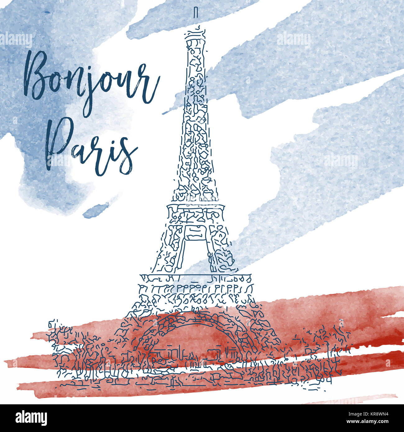 Hand drawn ink line sketch of Paris. Watercolor background Stock Photo ...