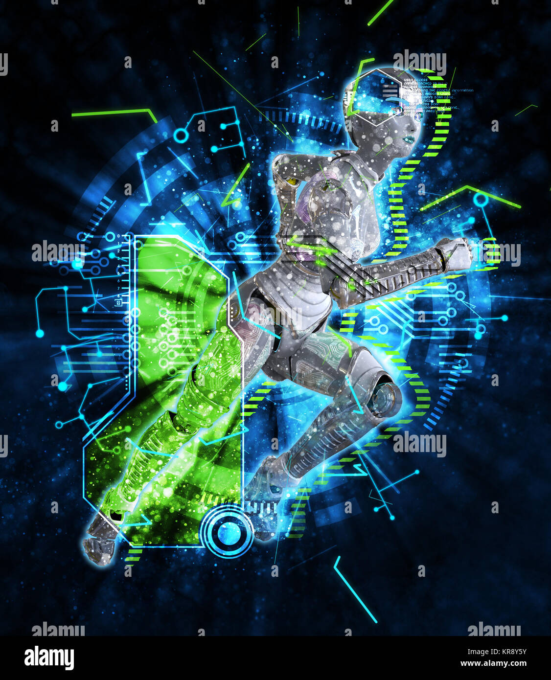 3D illustration female cyborg on techno background Stock Photo - Alamy