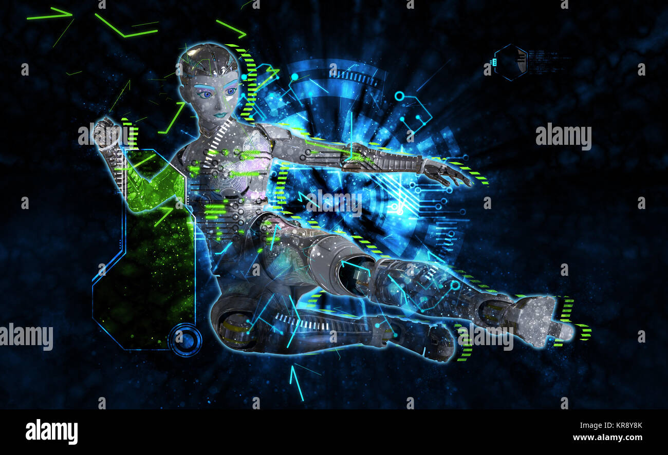 3D illustration female cyborg on techno background Stock Photo - Alamy