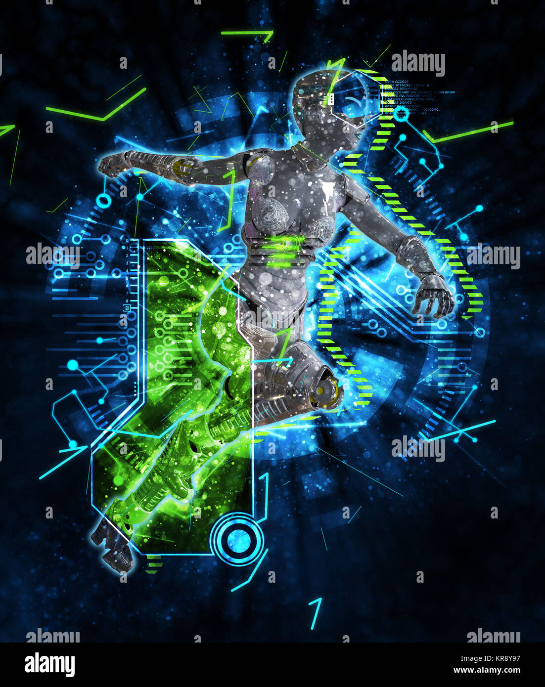 3D illustration female cyborg on techno background Stock Photo - Alamy