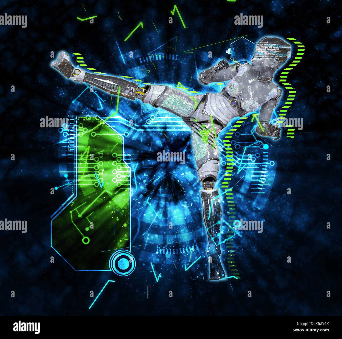 3D illustration female cyborg on techno background Stock Photo - Alamy