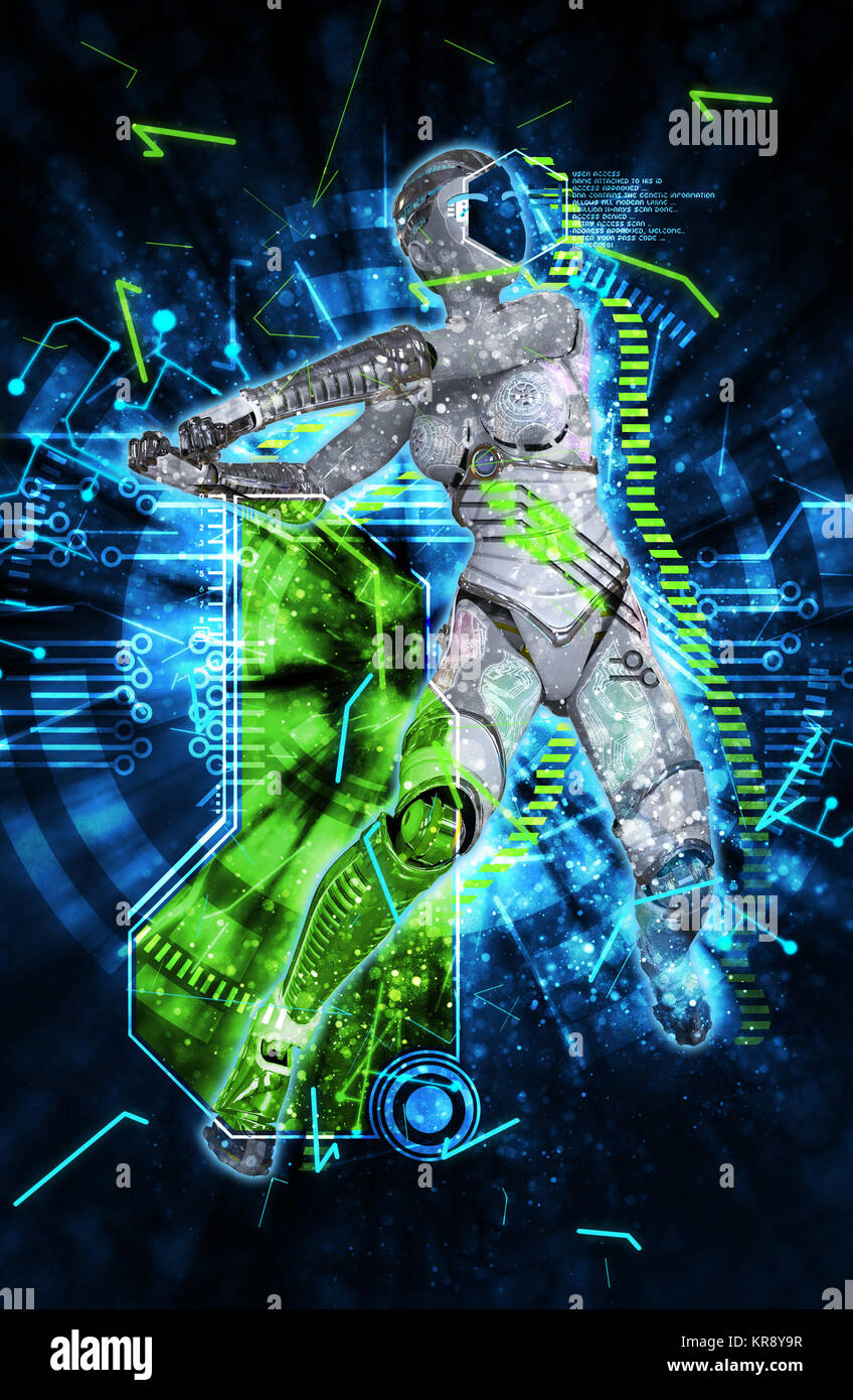 3D illustration female cyborg on techno background Stock Photo - Alamy