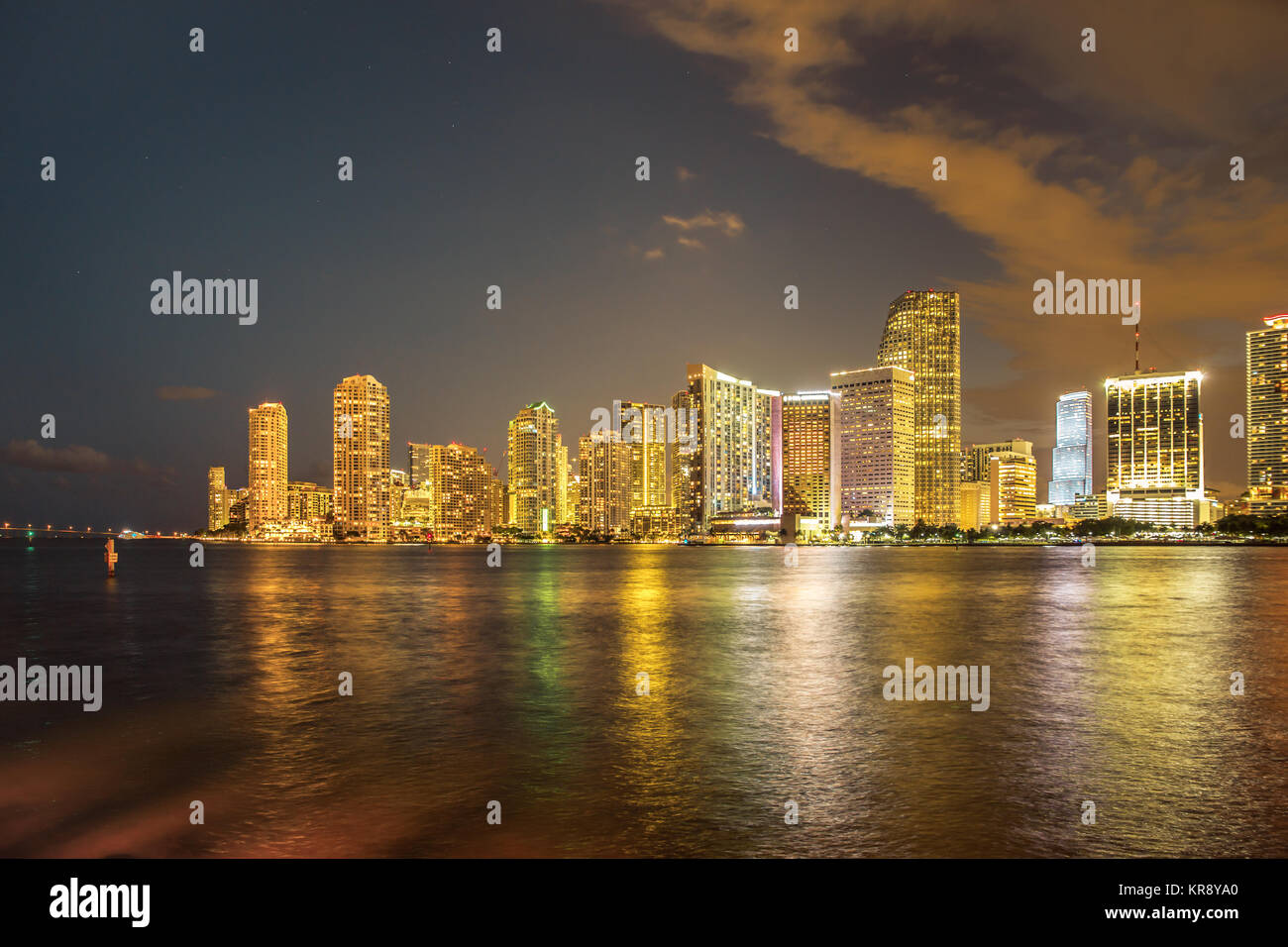 Miami Florida skyline with lights at night across Biscayne Bay Stock ...