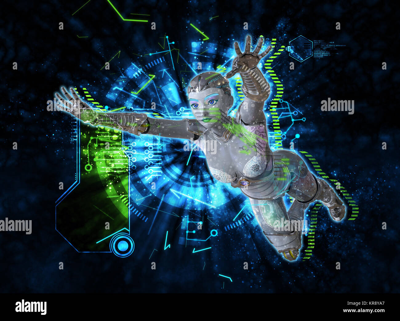 3D illustration female cyborg on techno background Stock Photo - Alamy