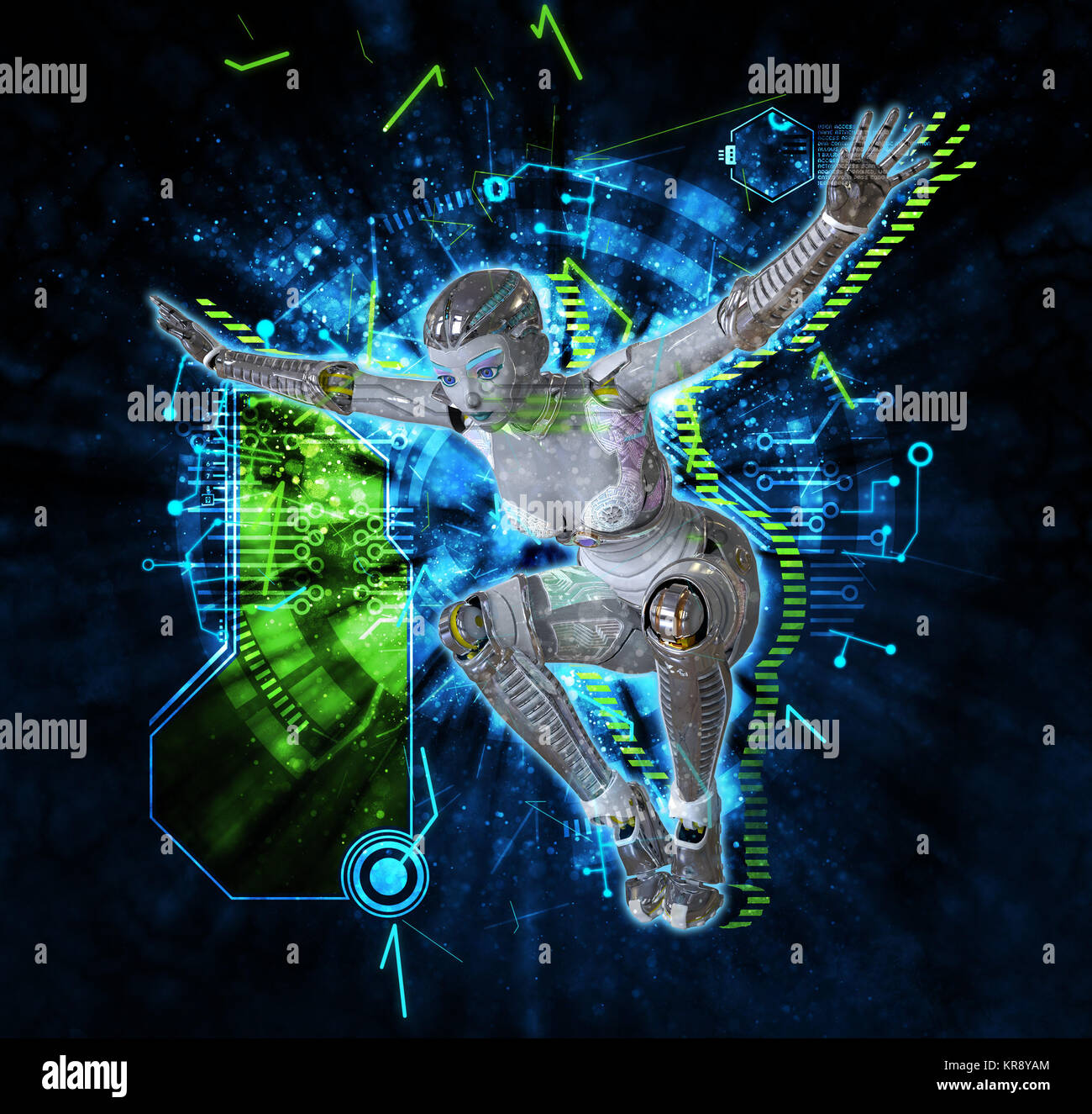 3D illustration female cyborg on techno background Stock Photo - Alamy
