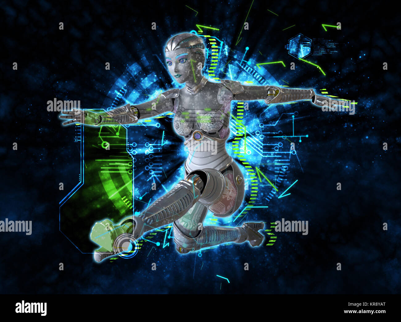 3D illustration female cyborg on techno background Stock Photo - Alamy