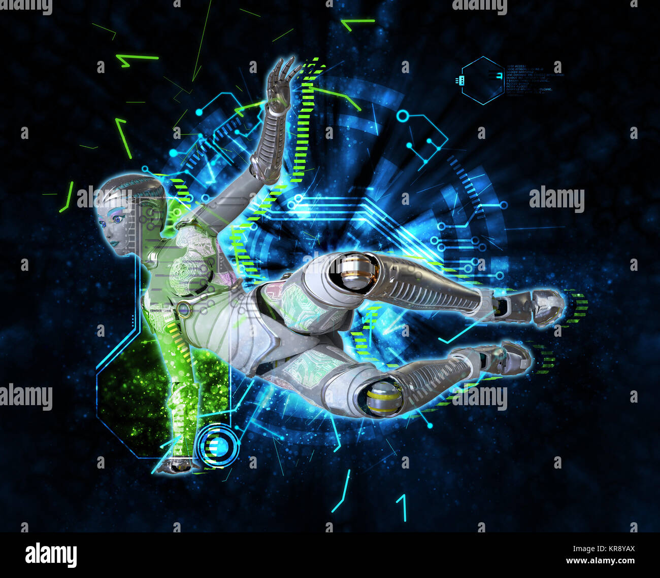 3D illustration female cyborg on techno background Stock Photo - Alamy