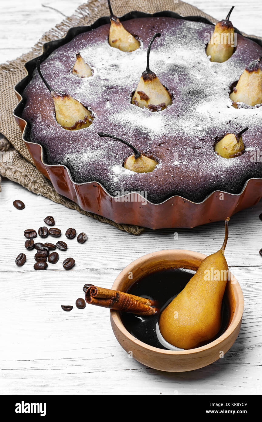 Pie with pears and coffee drink with cinnamon Stock Photo - Alamy